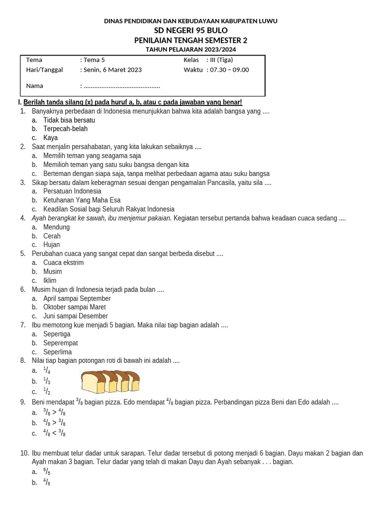 Soal Mid Semester Kelas 3 2021 2022 | PDF