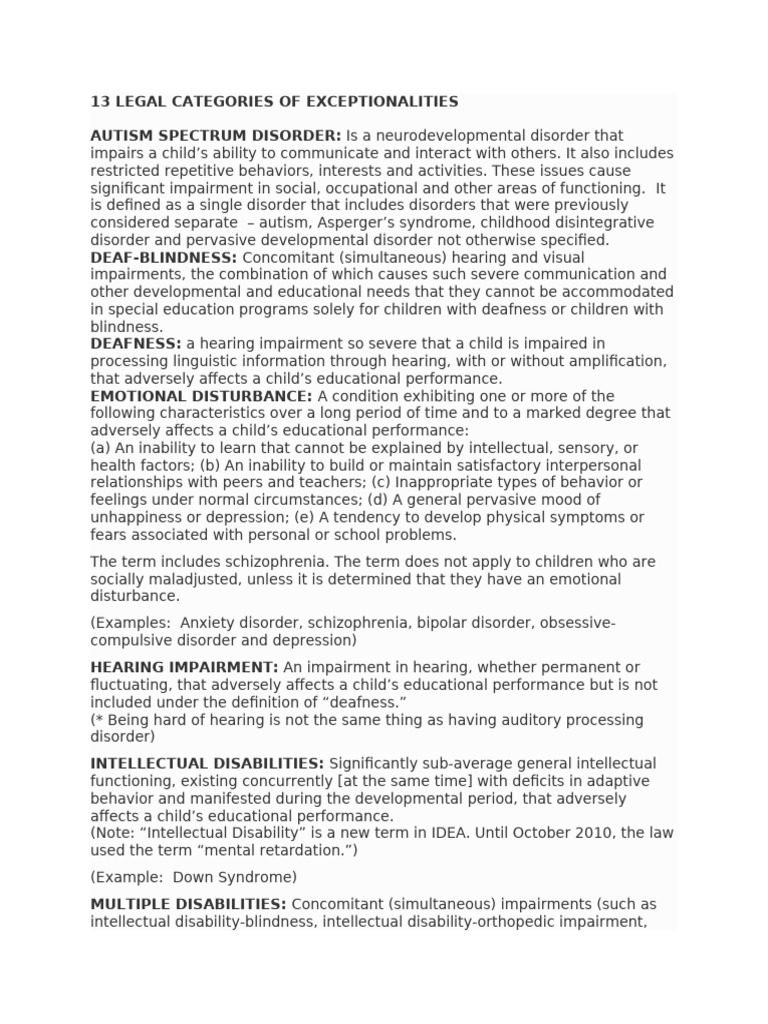 13 Legal Categories of Exceptionalities | PDF