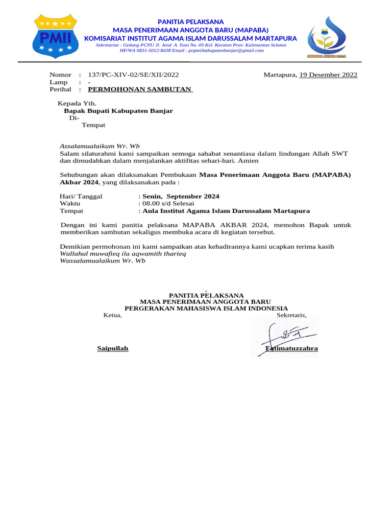 Permohonan Sambutan Mapaba Pmii IAID | PDF