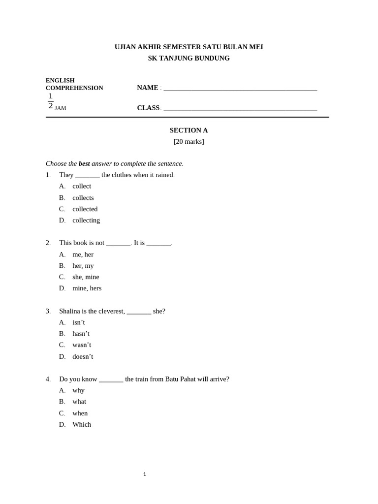Year 6 English Exam Paper Sample | PDF