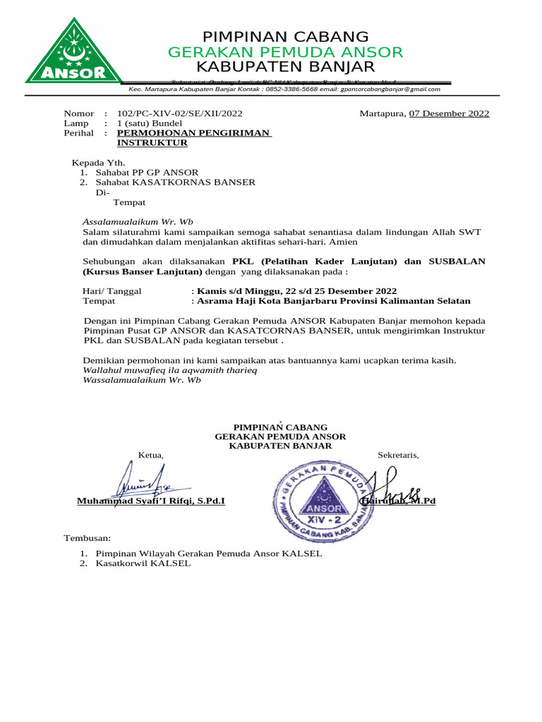 PERMOHONAN INSTRUKTUR ansor pkl susbalan | PDF