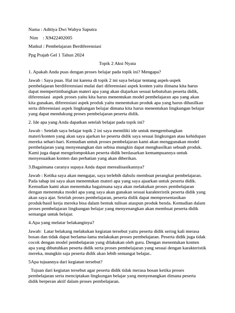 Topik 2 Aksi Nyata Aditya Dwi Wahyu Saputra Pembelajaran Berdiferensiasi NEW | PDF