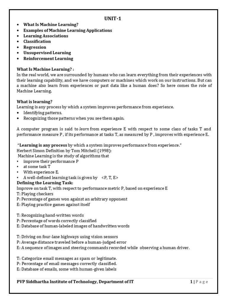ML UNIT 1 | PDF