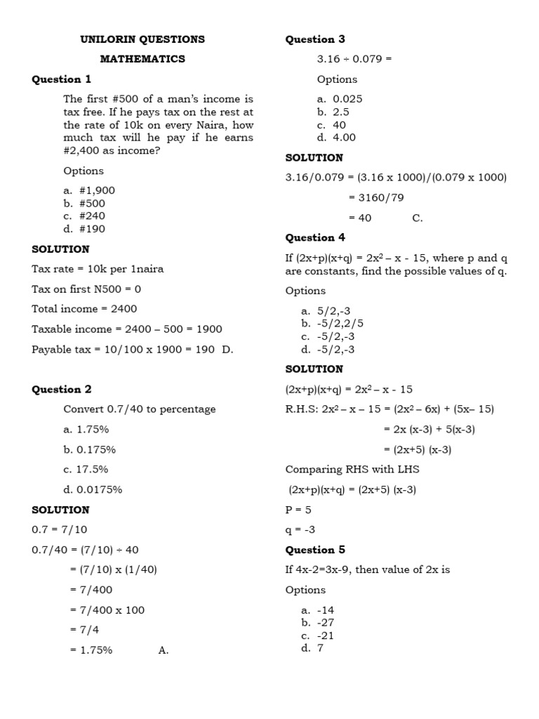 UNILORIN QUESTIONS SOLUTION_ | PDF
