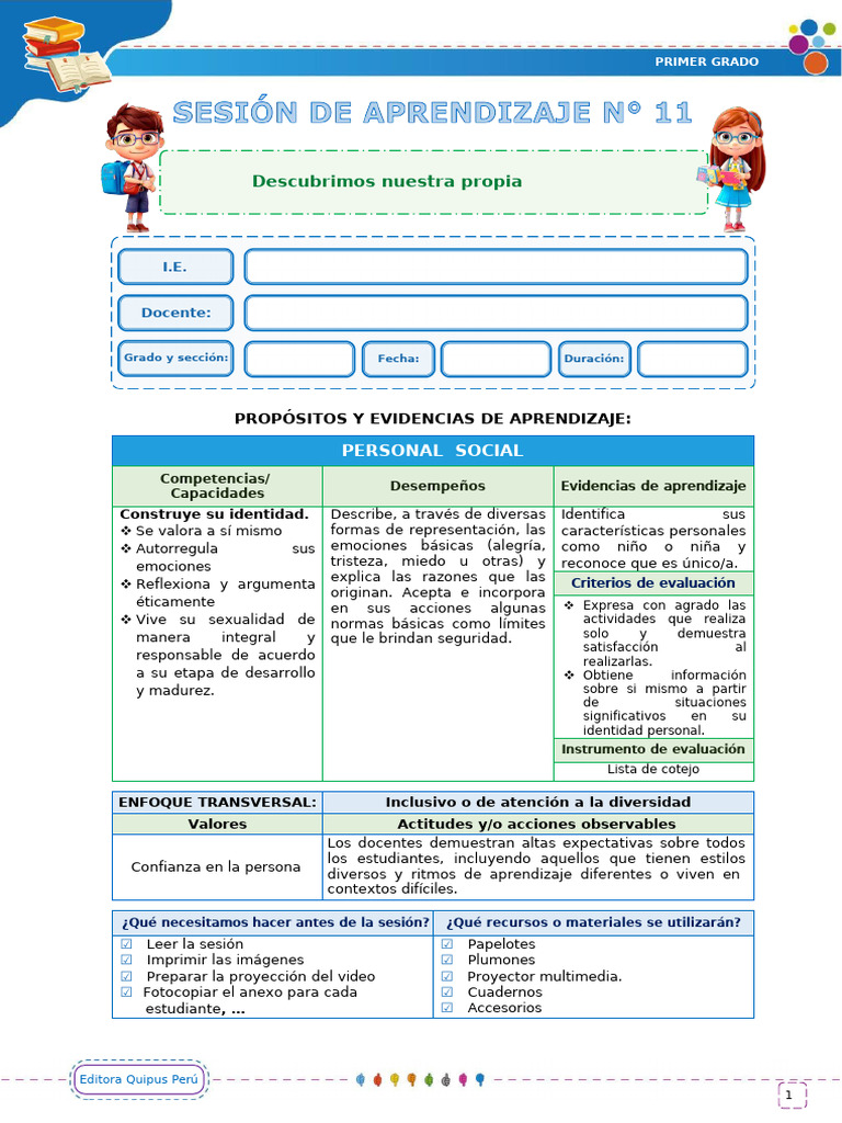 1 GRADO . - Sesiones de Aprendizaje - Semana 2 - UD II - Editora Quipus Perú | PDF