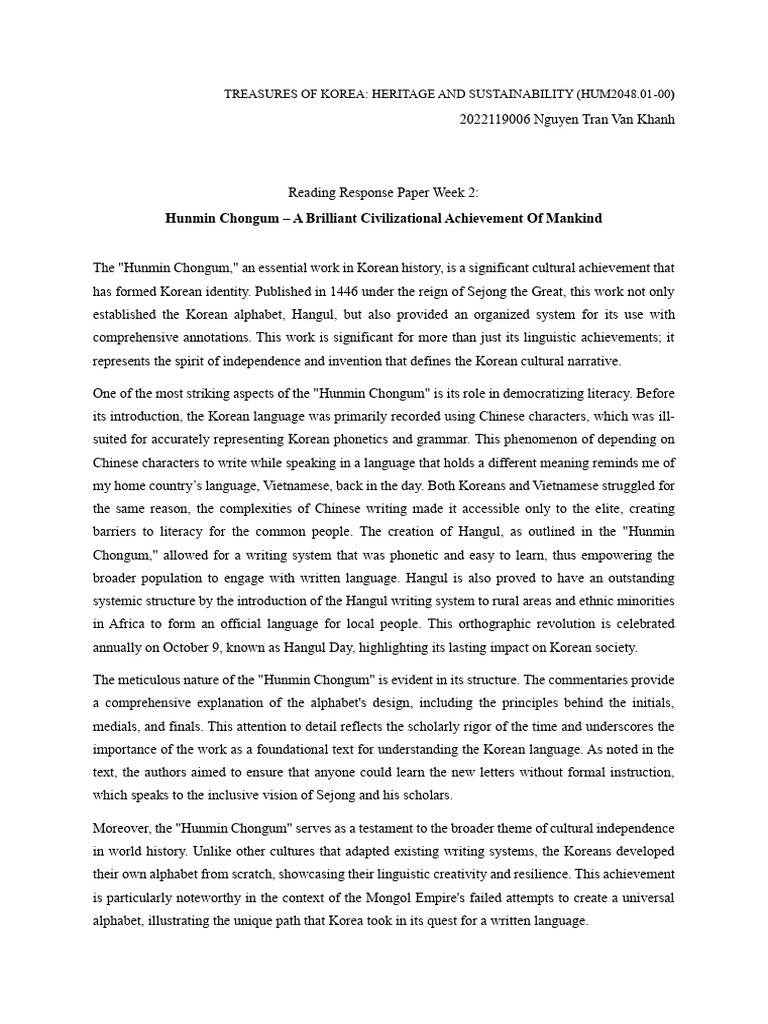 Reading Reponse Hunmin Jeongeum | PDF