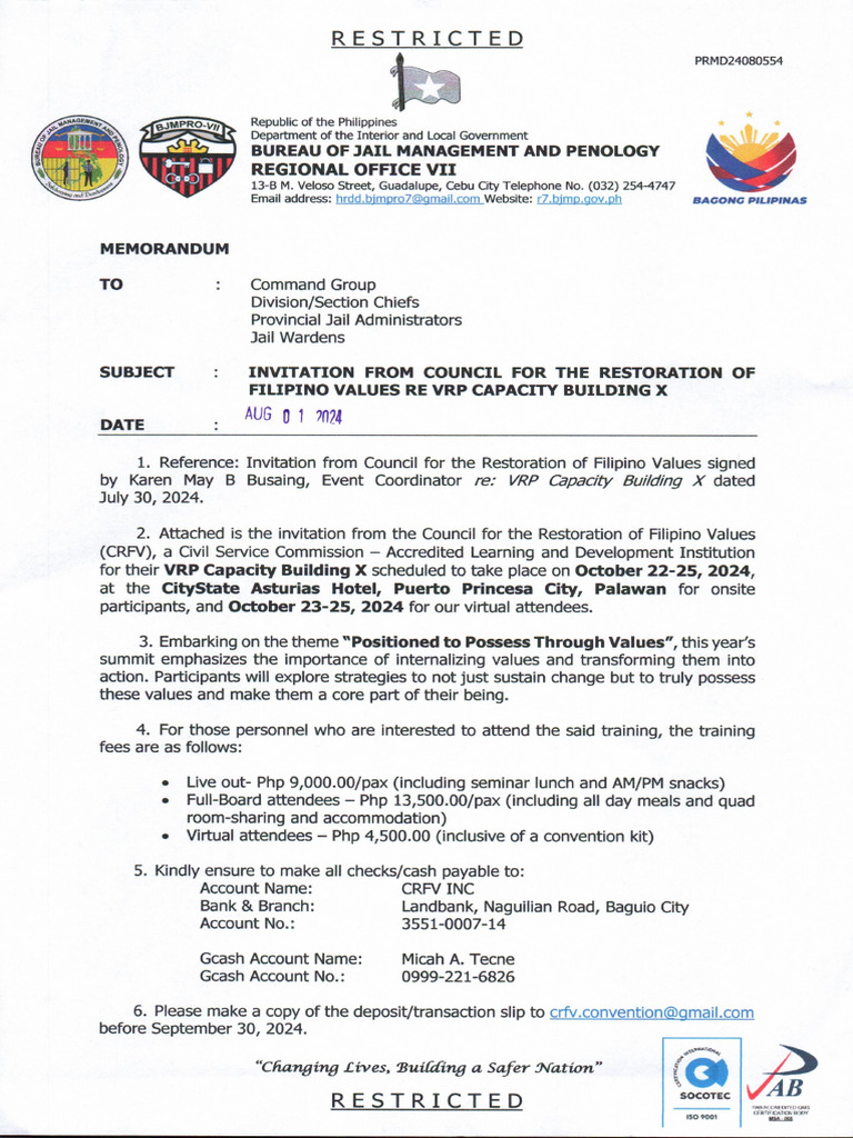 Invitation From Council For The Restoration of Filipino Values | PDF