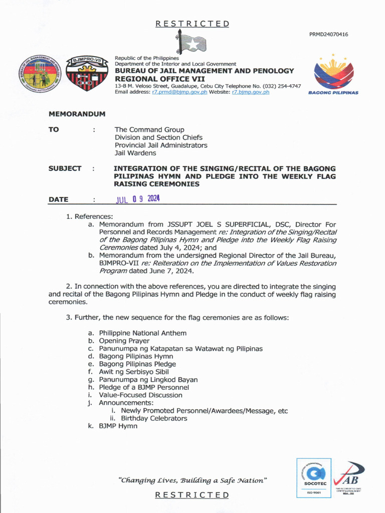 Integration of The Singing, Recital of The Bagong Pilipinas Hymn and ...