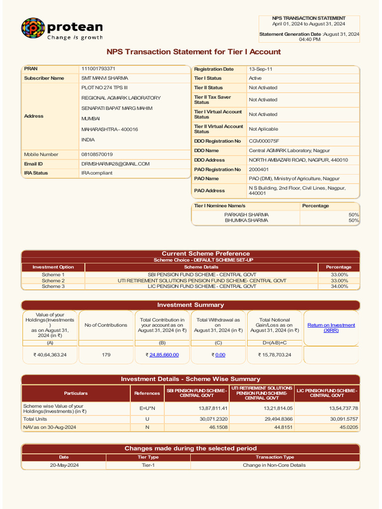 NPS Transaction Statement For Tier I Account: Current Scheme Preference ...