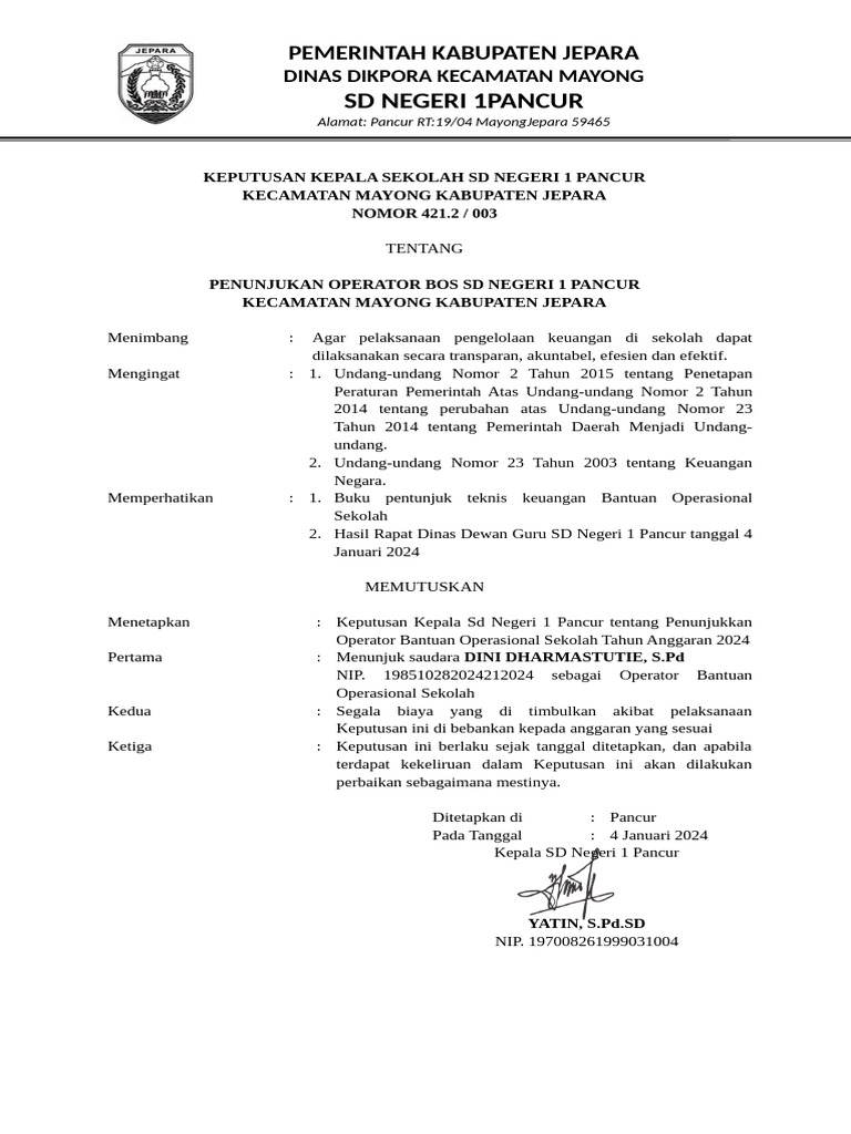 Penunjukan Operator BOS SD 2024 | PDF
