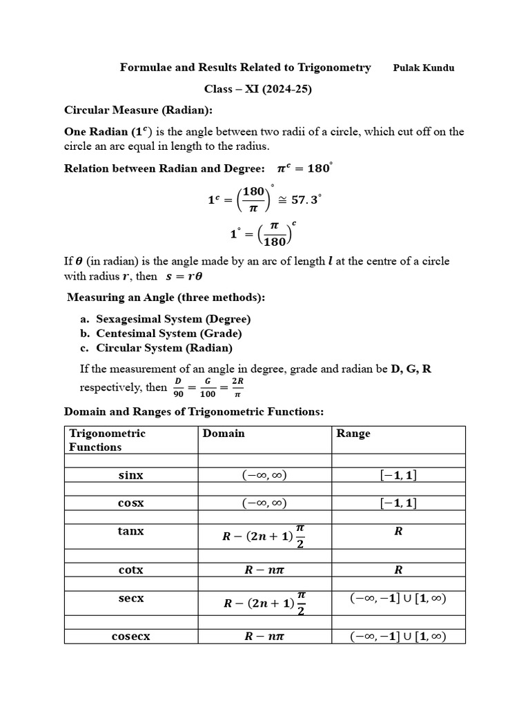 FORMULAE AND RESULTS IN TRIGONOMETRY 2024 | PDF