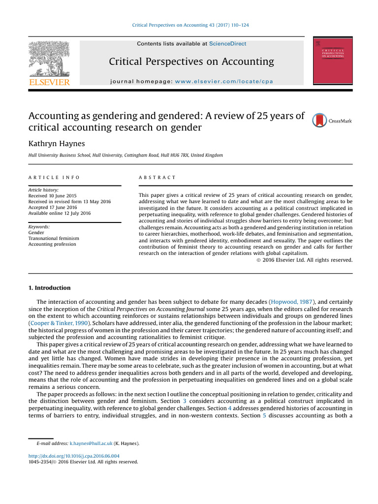 Haynes (2017) Accounting As Gendering & Gendered A Review of 25 Years ...