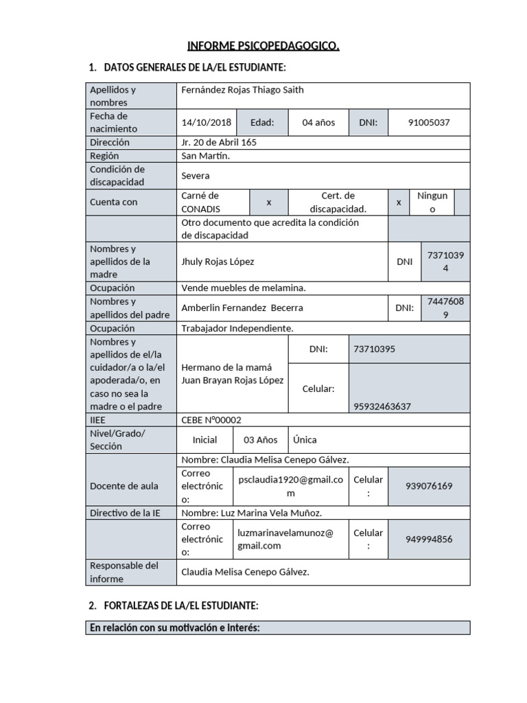 Informe Pedagogico Thiago | PDF | Neurociência