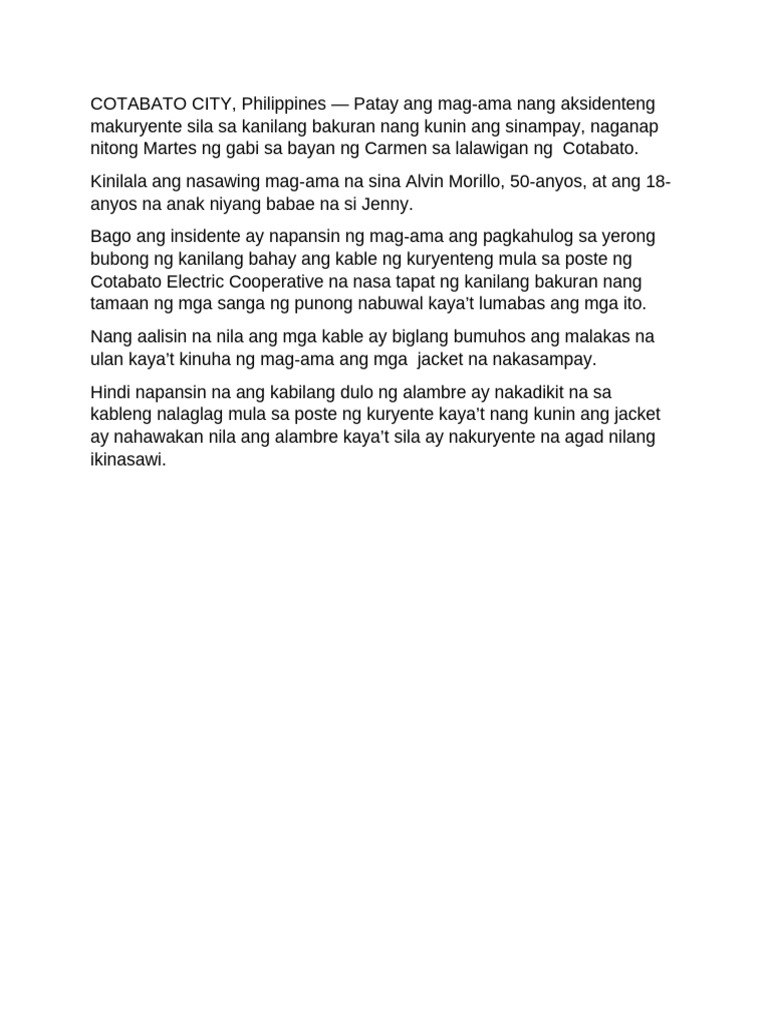 Mag-Ama Sa Cotabato City Nakuryente, Patay | PDF