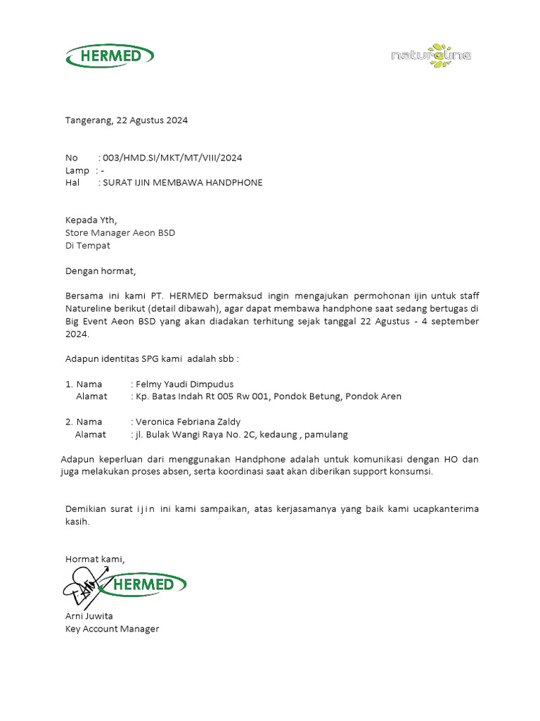 003 Surat Ijin Membawa HP Aeon | PDF | Pengelolaan Keuangan & Uang