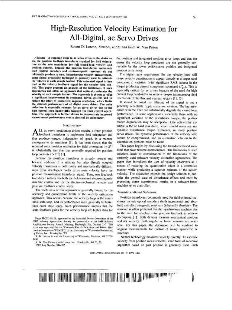 High-Resolution Velocity Estimation For All-Digital, AC Servo Drives | PDF