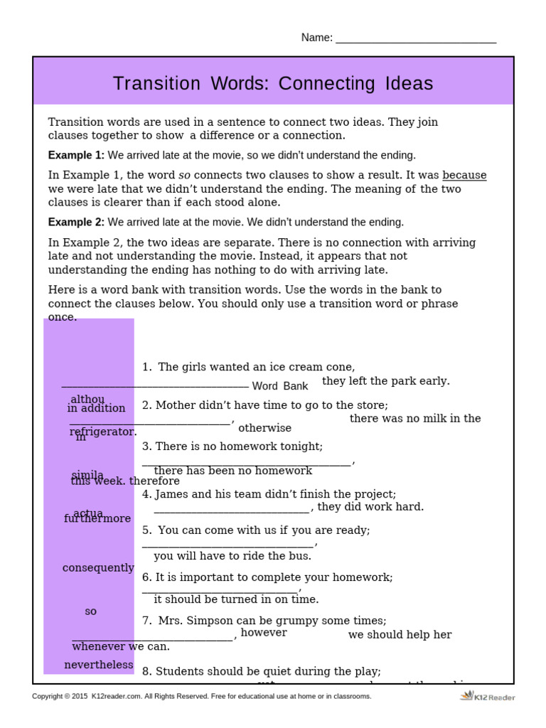 Transition Words - Connecting Ideas | PDF