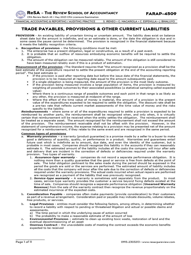 FARAP 4509 Trade Payable, Provisions Other Current Liabilities | PDF | Balance Sheet | Finance ...