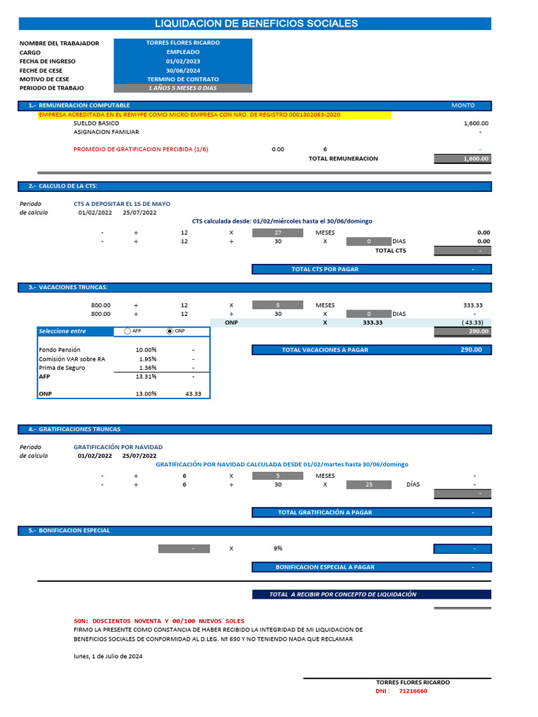Liquidacion de Beneficios Sociales RICARDO TORRES | PDF