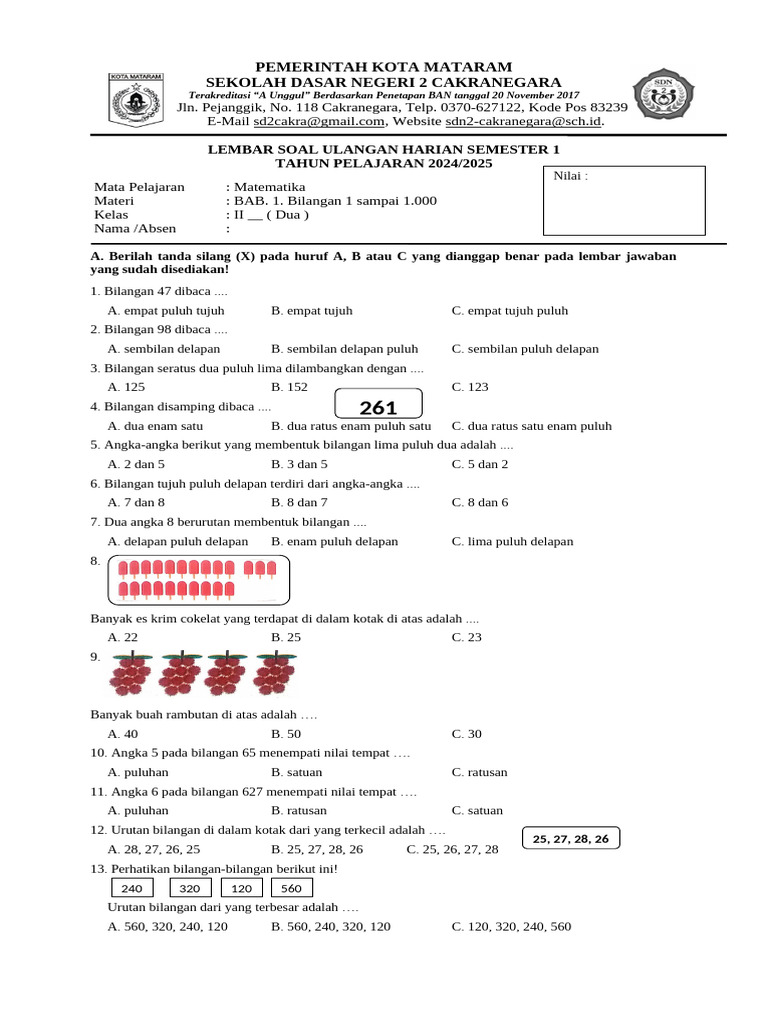 Soal Uh MTK Bab 1 Kls 2 SMT 1 | PDF