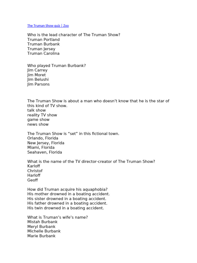 The Truman Show quiz | PDF