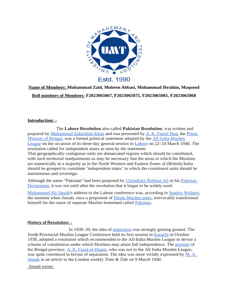 Lahore Resolution | PDF