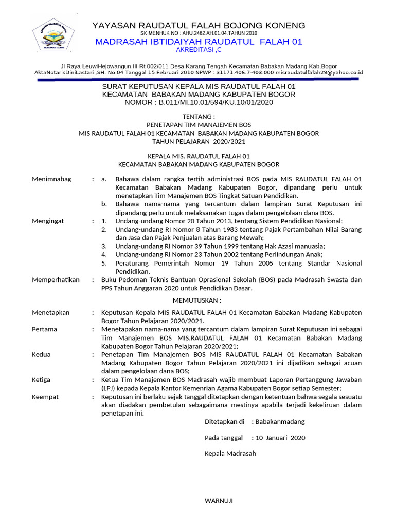 Contoh SK Tim Bos - Mis NH Januari - Juni 2020 - RF 01 | PDF