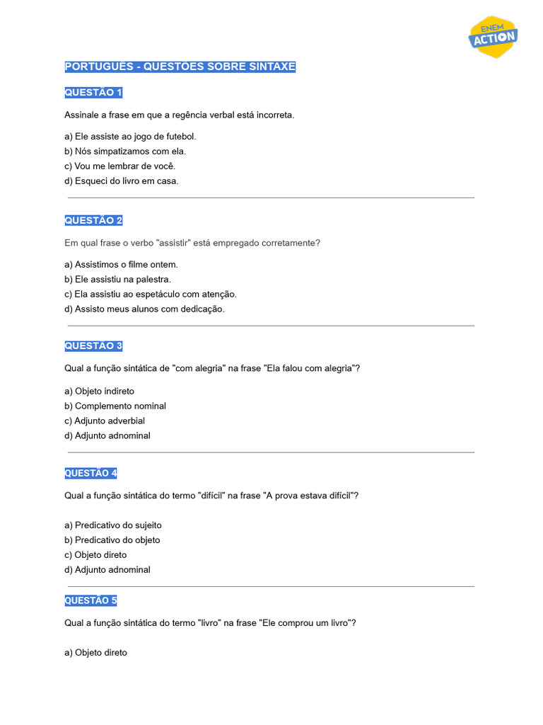 Lista de Exercicios — Portugues (Sintaxe) | PDF