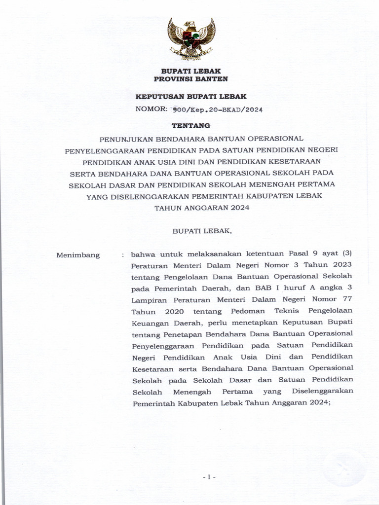 SK Bupati Tentang Bendahara Bosp Tahun 2024 Lengkap | PDF