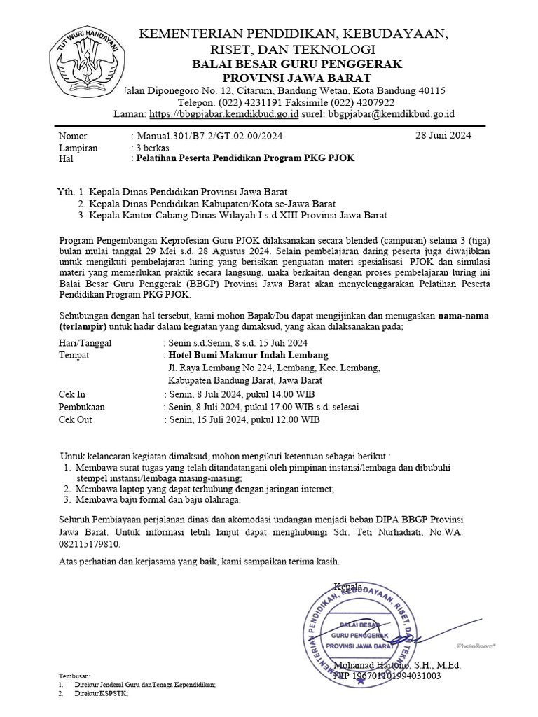 Surat Undangan Pelatihan PJOK-Peserta-BMI - Rev2 | PDF