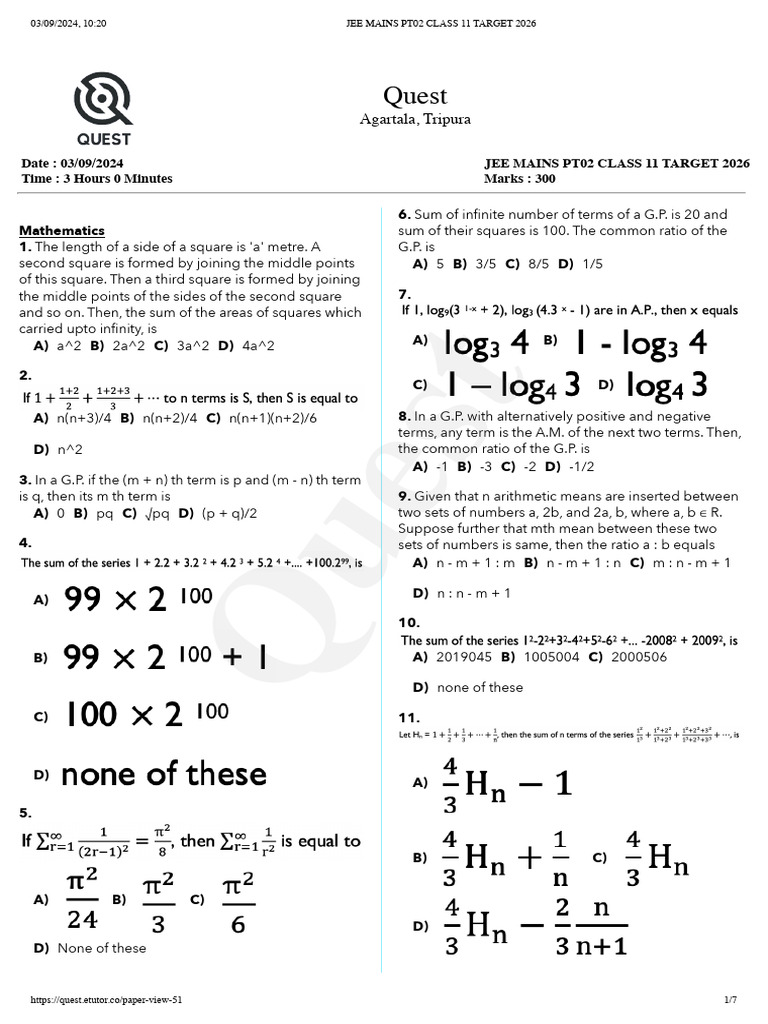 Paper-Quest Jeem Pt02 Class 11 Target 2026 | PDF