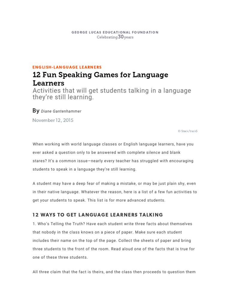 12 Fun Speaking Games for Language Learners _ Edutopia | PDF
