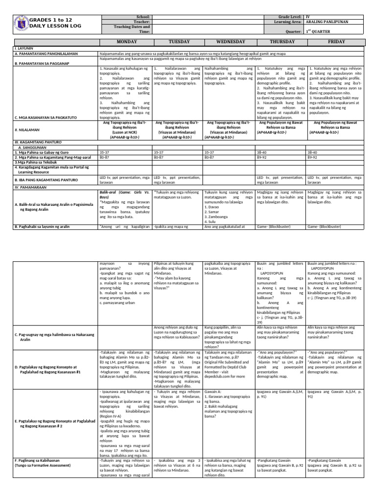 DLL - Araling Panlipunan 4 - Q1 - W6 | PDF