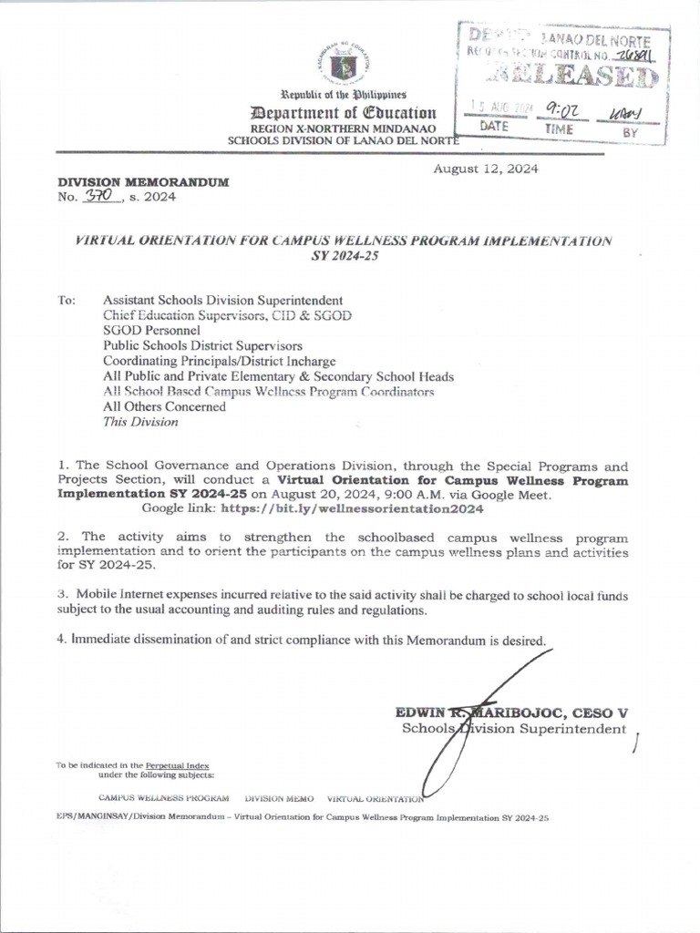 Virtual Orientation For Campus Wellness Program Implementation Sy 2024 ...