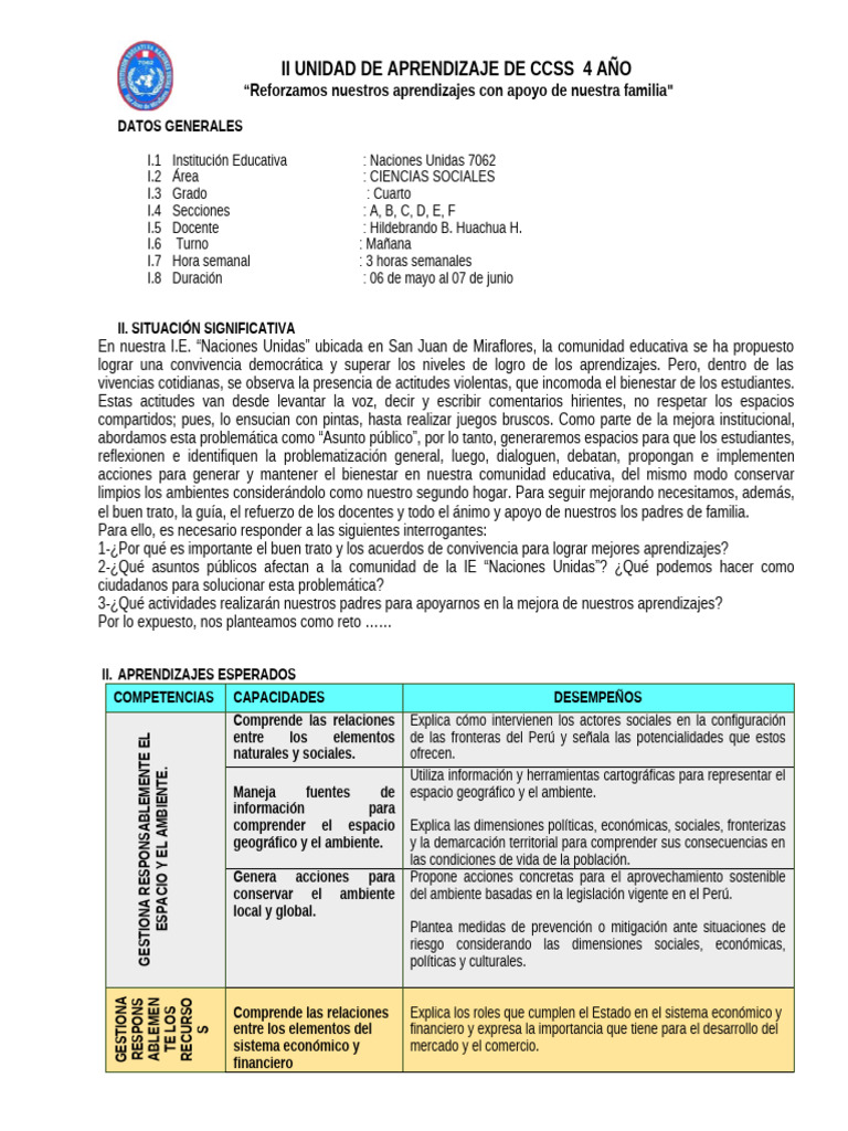 Ii - Unidad de Aprendizaje de CCSS 4 Año - 2024 | PDF