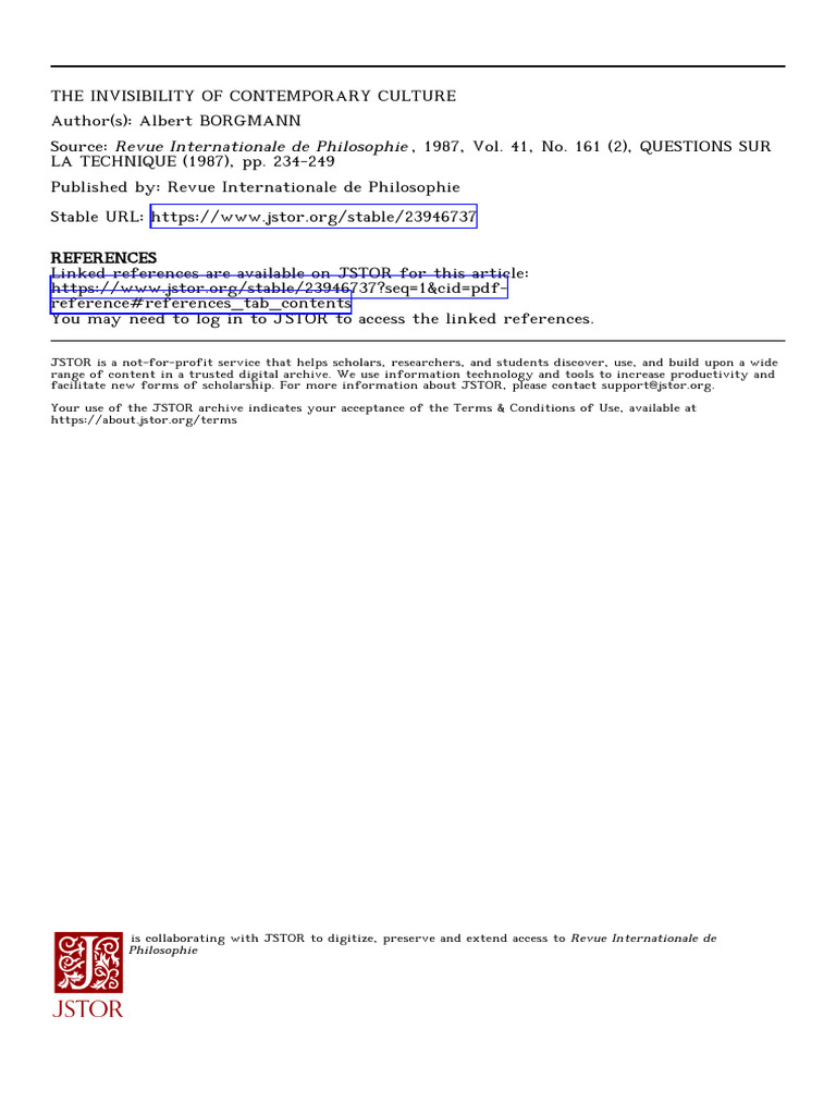 Borgmann Invisibilitycontemporaryculture 1987 | PDF