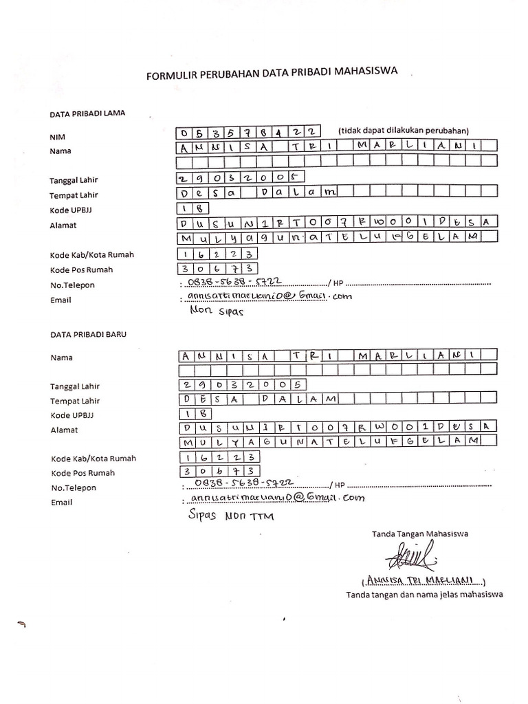 Formulir Perubahan Data Pribadi Mahasisw | PDF