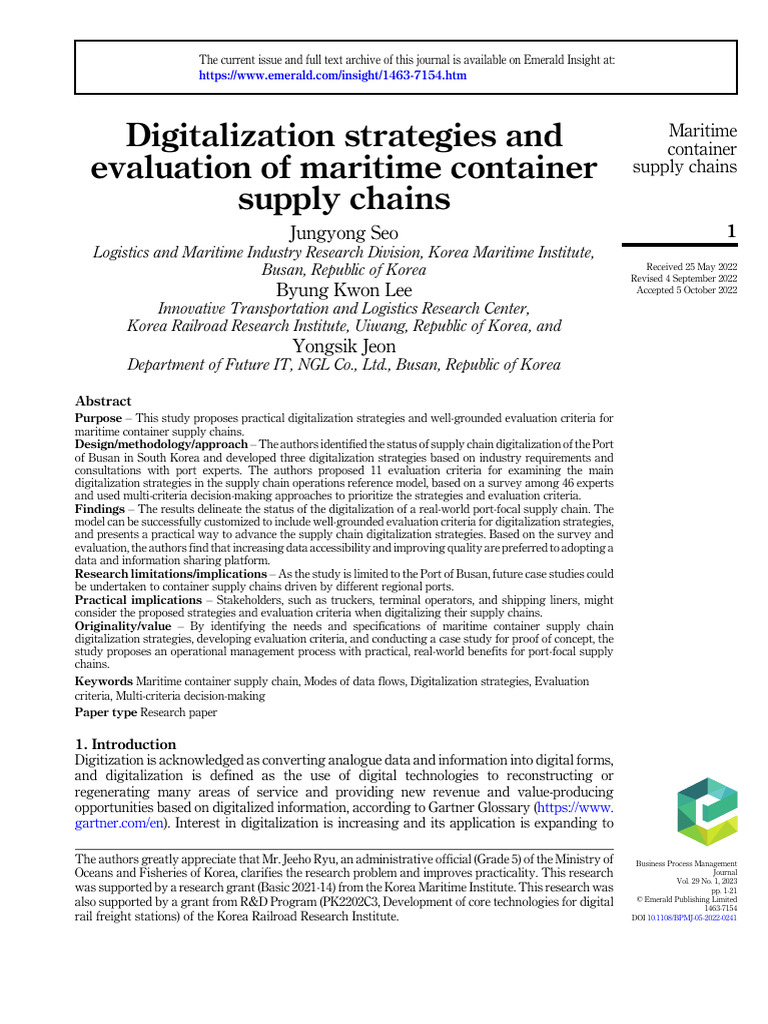 10 1108 Bpmj 05 2022 0241 Digitalization Strategies And Evaluation Of Maritime Container
