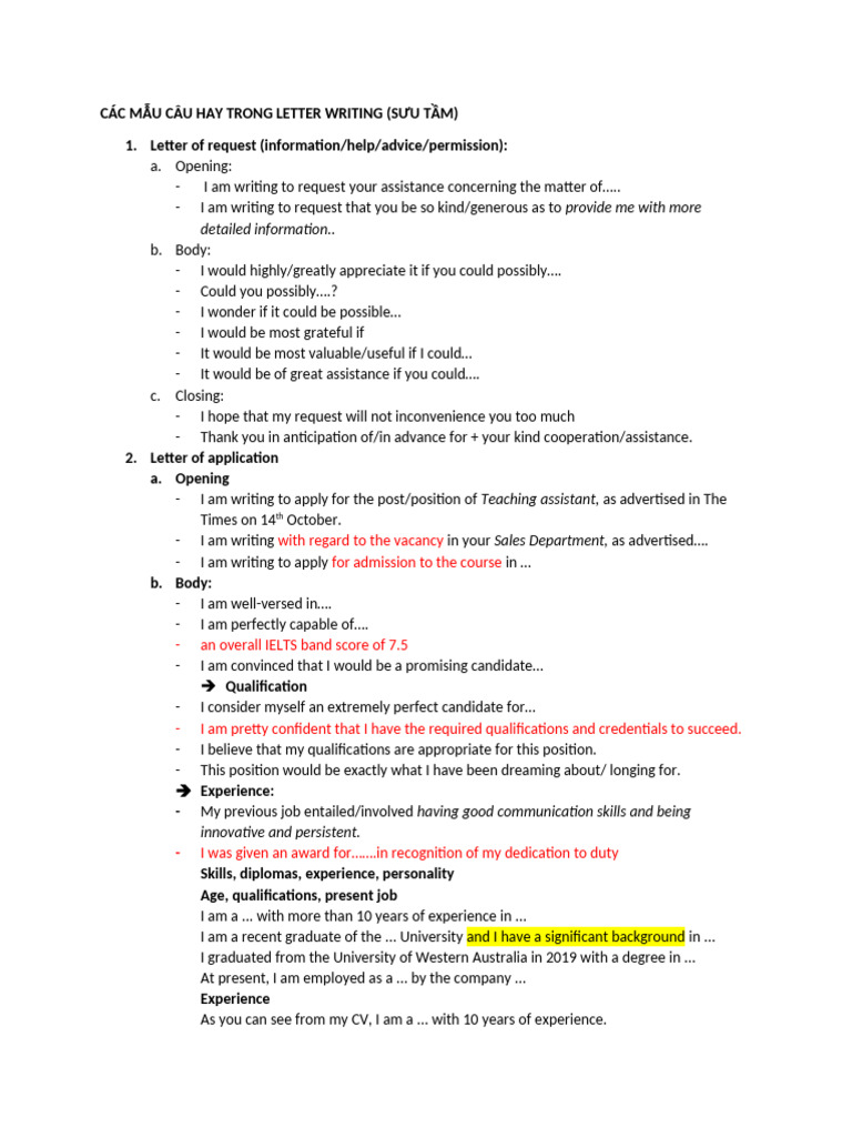 Các Mẫu Câu Hay Trong Letter Writing | PDF