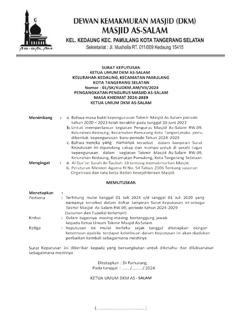 Susunan Pengurus DKM Assalam | PDF