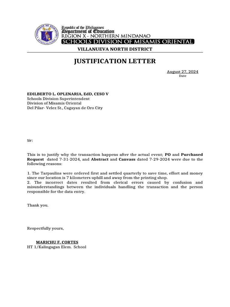 JUSTIFICATION-LETTER 2024 - Tarpaulins - July | PDF