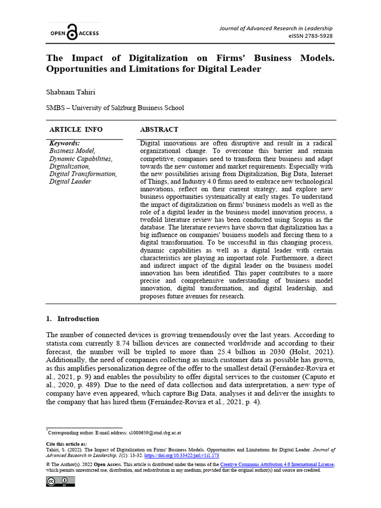 The Impact of Digitalization On Firms' Business Models. Opportunities ...