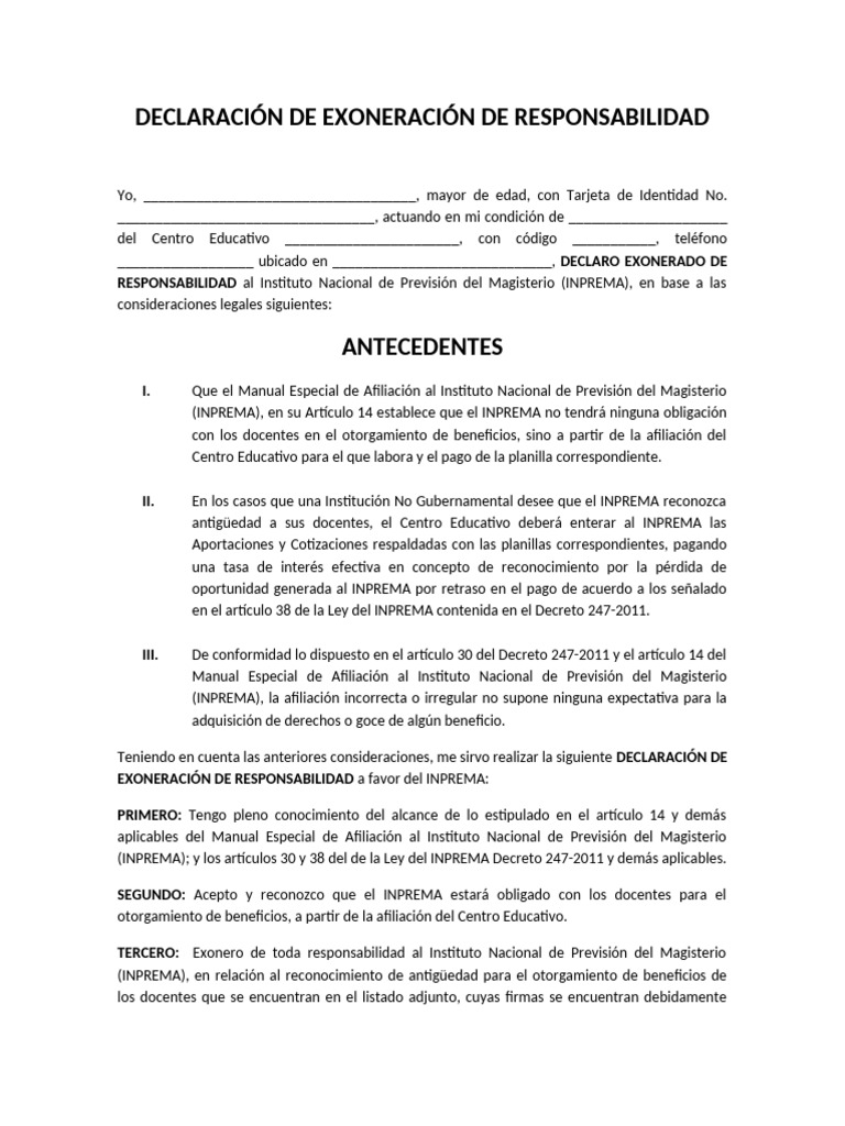 Declaración de Exoneración Responsabilidad | PDF