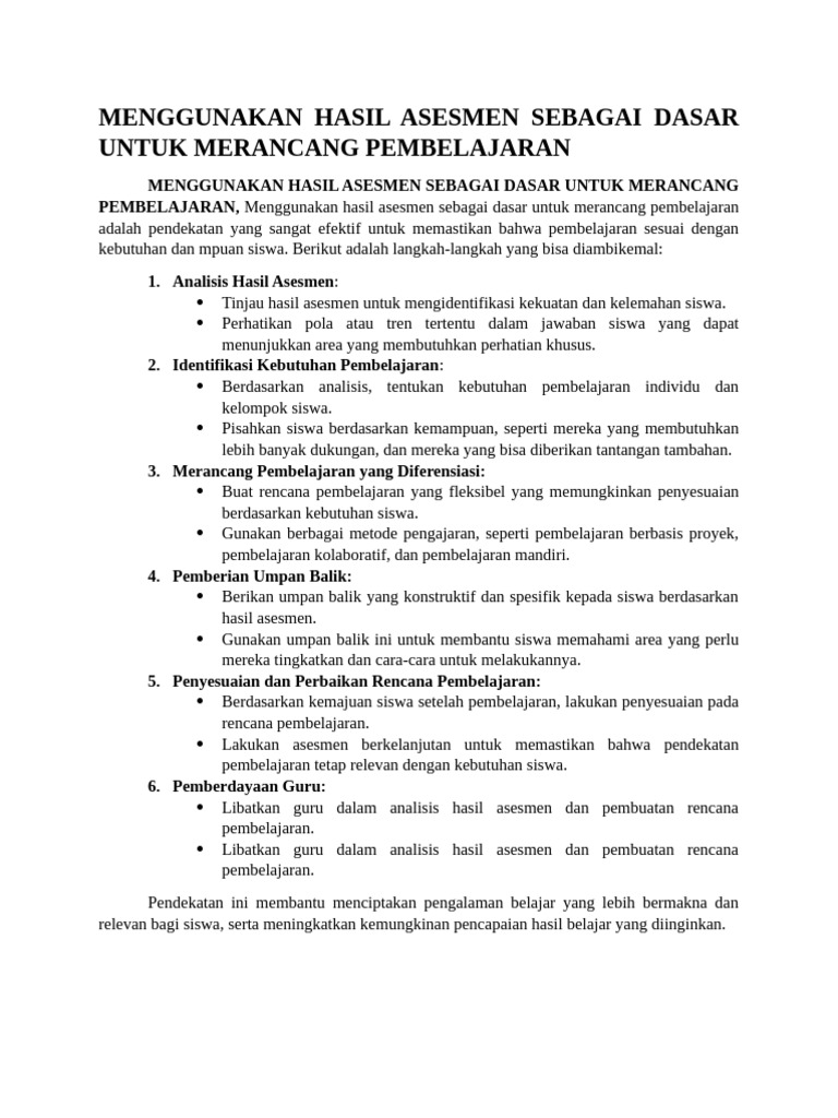 Menggunakan Hasil Asesmen Sebagai Dasar Untuk Merancang Pembelajaran | PDF