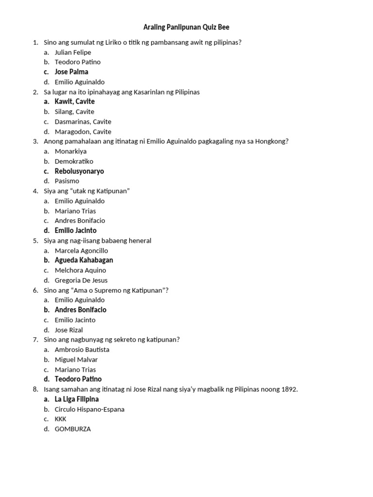 Araling Panlipunan Quiz Bee - Kasaysayan | PDF