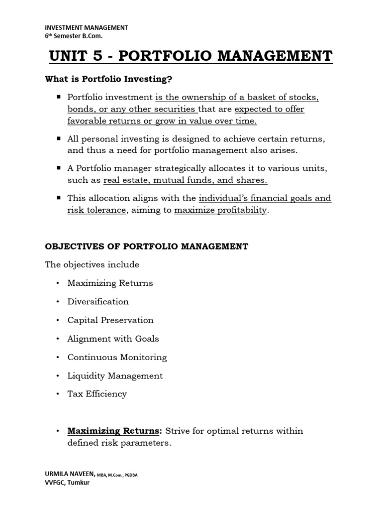 Im - Unit-V - Portfolio Management | PDF