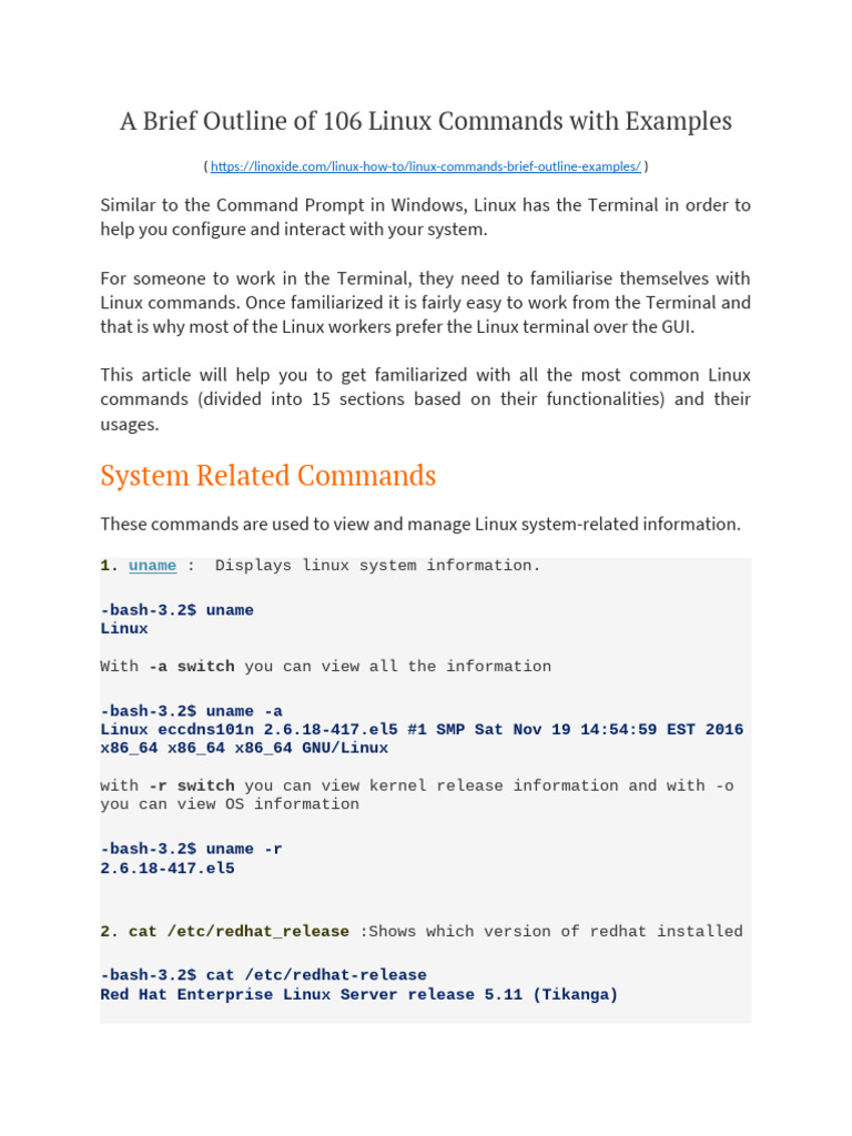 A Brief Outline of 106 Linux Commands With Examples | PDF