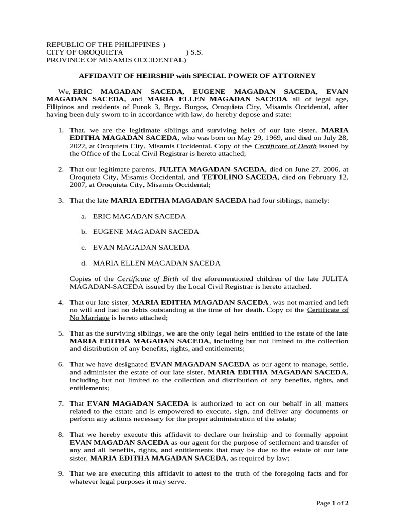 Affidavit of Surviving Heirs - Marideth Saceda | PDF