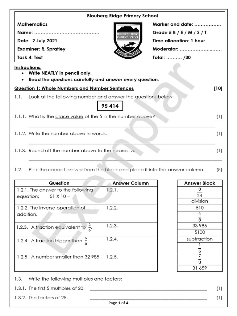 Grade 5 Mathematics Mid Year Examination 2021 Marking Guidelines | PDF