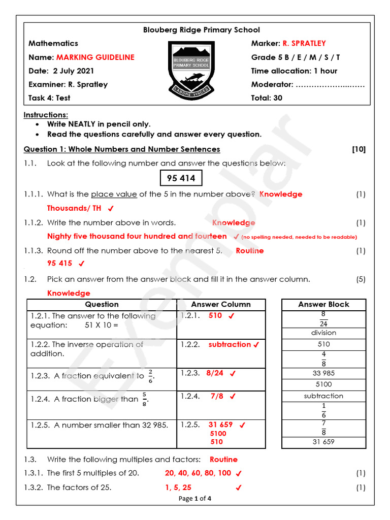 Grade 5 Mathematics Mid Year Examination 2021 | PDF